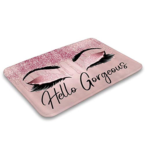 Hello Gorgeous Doormats for Front Door, Pink Drip Glitter Eyelash Welcome Mats, Mud Absorbent Door Mats with Non Slip Rubber Back, Soft and Thick Floor Mat for Inside, Outside, Bathroom, Entrance