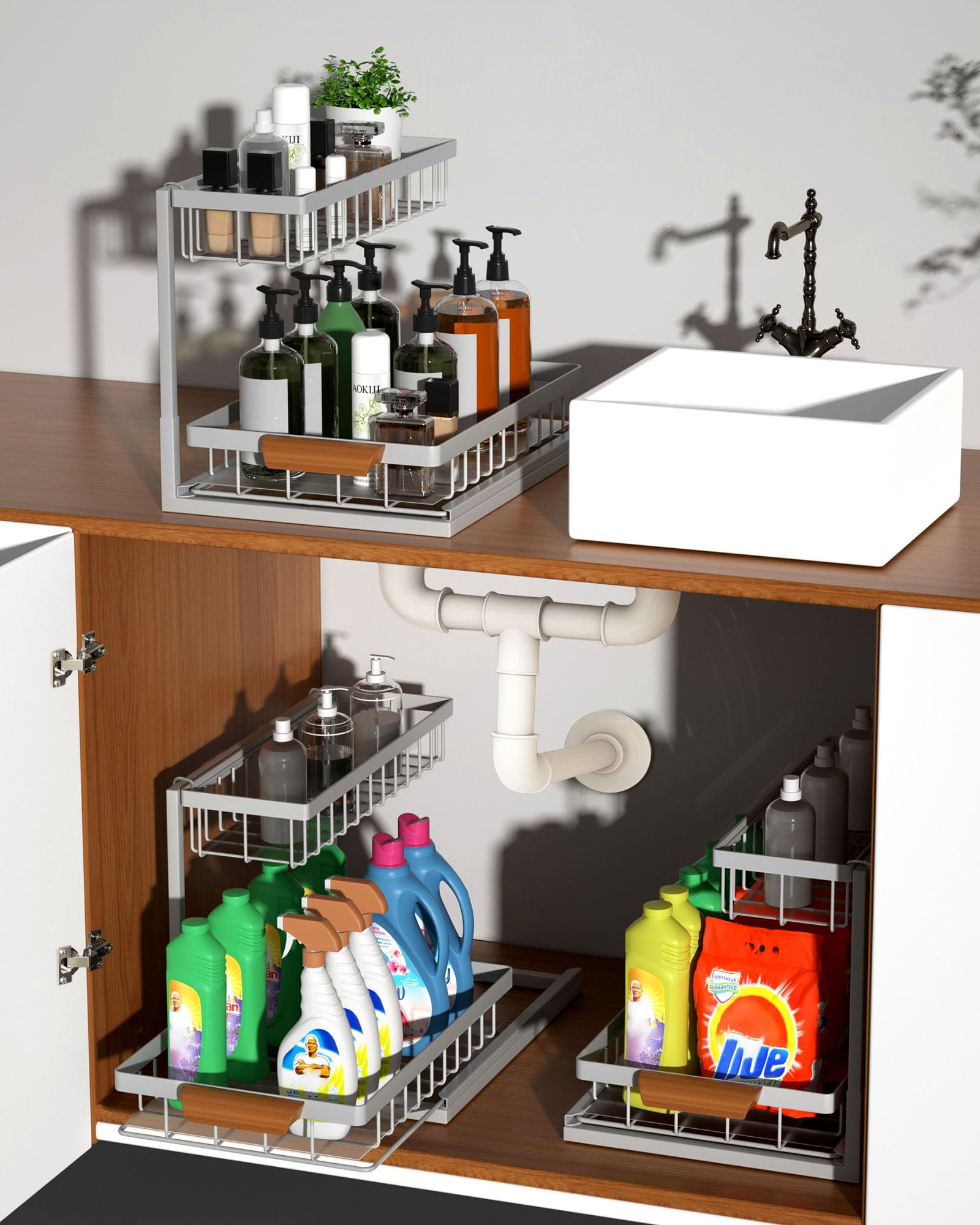 2 Pack Under Sink Organizer,Metal Pull Out Kitchen Cabinet Organizer with Sliding Drawer,Sturdy Multi-functional for Bathroom Organization,Silver