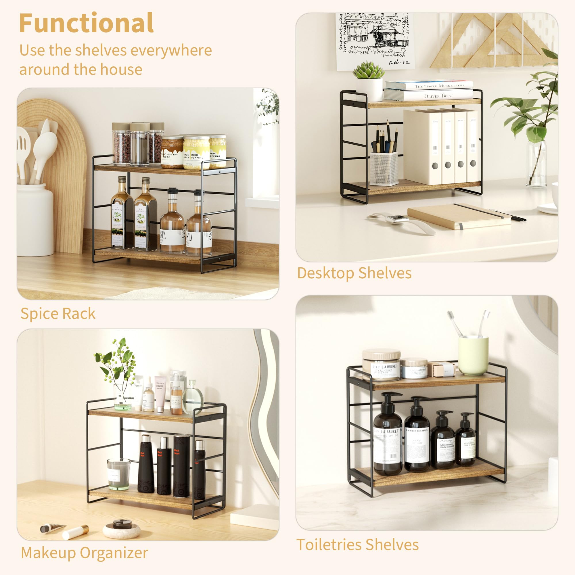 SRIWATANA Kitchen Countertop Organizer Set of 2, Bathroom Counter Shelf Spice Rack Sink Countertop Storage Desktop Large Wood Shelf - Carbonized Black
