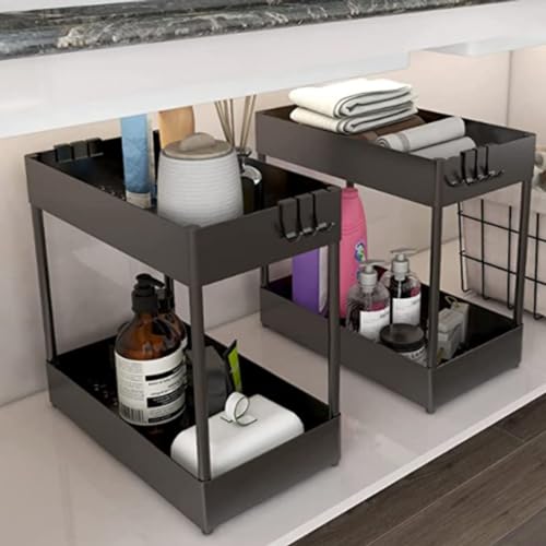 SLDMJFSZ Under Sink Organizer,2 Tier Cabinet Storage Rack with Hooks, Hanging Cups, Multi-Purpose Storage Shelf for Home Kitchen,White