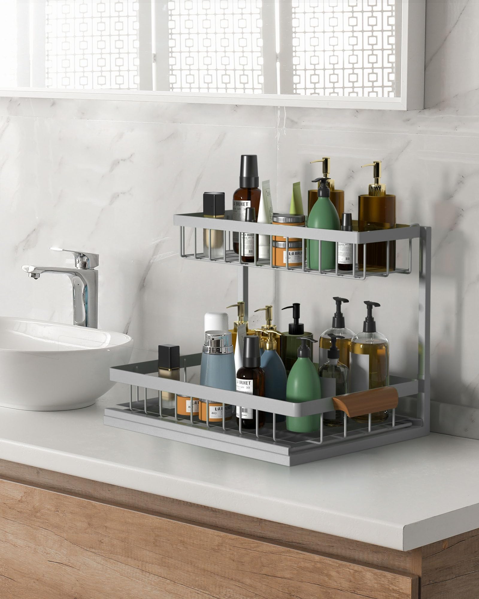2 Pack Under Sink Organizer,Metal Pull Out Kitchen Cabinet Organizer with Sliding Drawer,Sturdy Multi-functional for Bathroom Organization,Silver