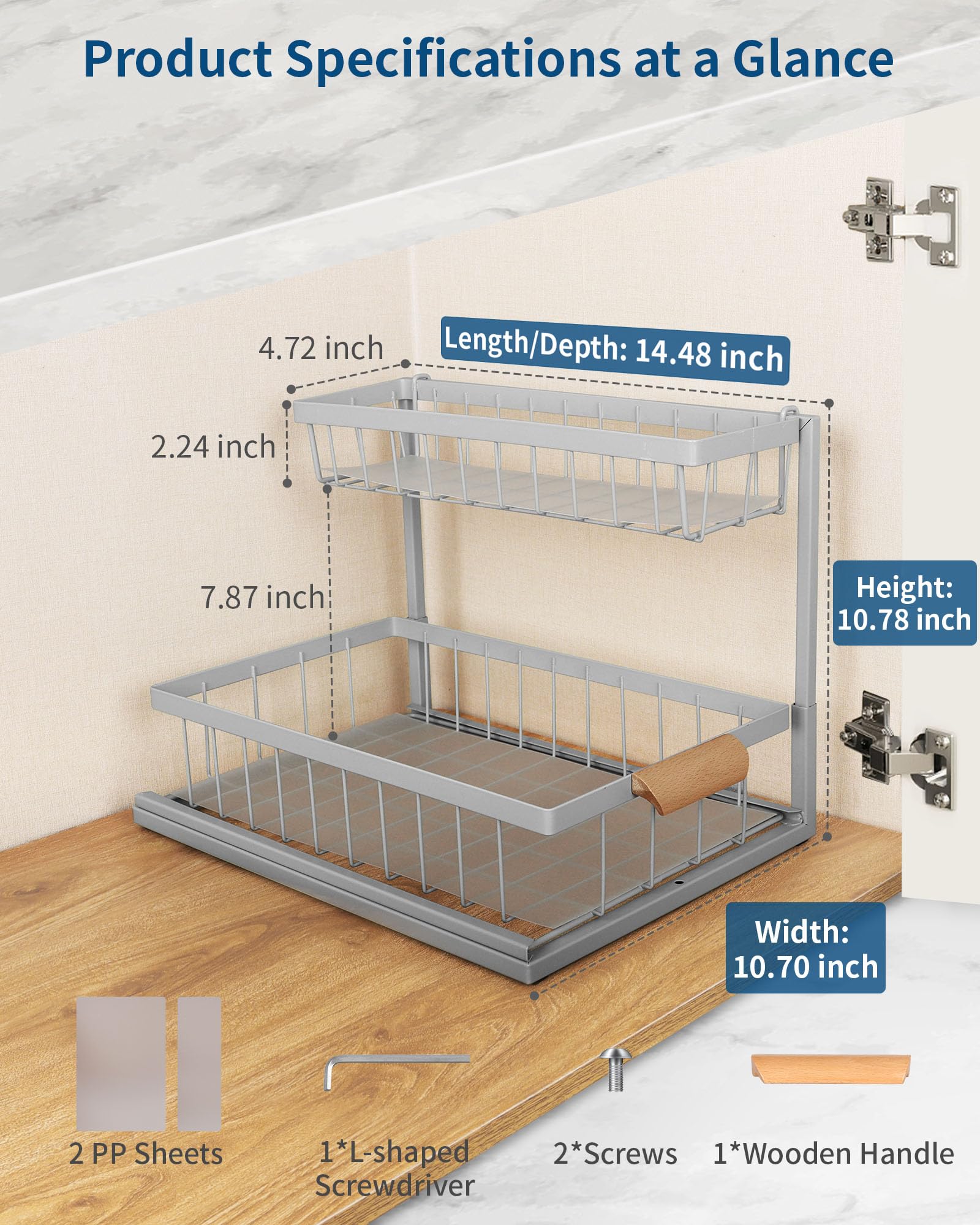2 Pack Under Sink Organizer,Metal Pull Out Kitchen Cabinet Organizer with Sliding Drawer,Sturdy Multi-functional for Bathroom Organization,Silver