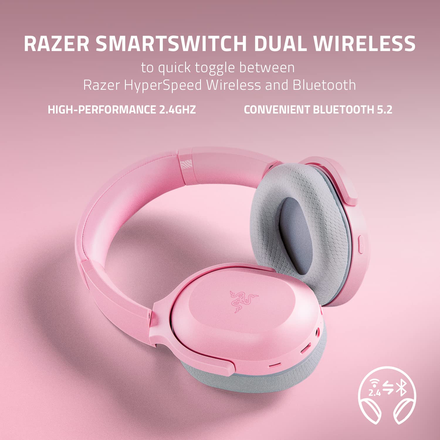 Razer Barracuda Wireless Gaming & Mobile Headset (PC, PlayStation, Switch, Android, iOS): 2.4GHz Wireless + Bluetooth - Integrated Noise-Cancelling Mic - 50mm Drivers - 40 Hr Battery - Quartz Pink