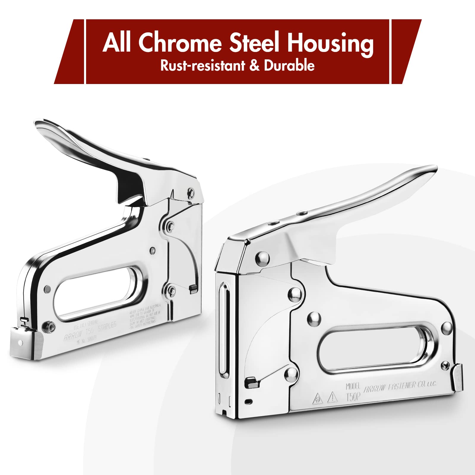 Arrow T50 Heavy Duty Staple Gun Kit, All Chrome Steel Stapler, with 3750 Pieces T50 1/4", 3/8", 1/2" Staples, for Upholstery Professional Projects