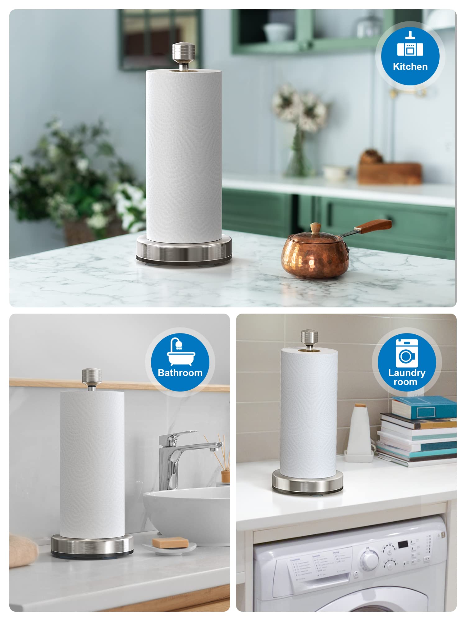SMARTAKE Standing Paper Towel Holder, Damping Ratchet Design Paper Towel Organizer, Rustproof Toilet Paper Holder with Suction Cups, Roll Dispenser for Kitchen Countertop Home Dining Table, Silver