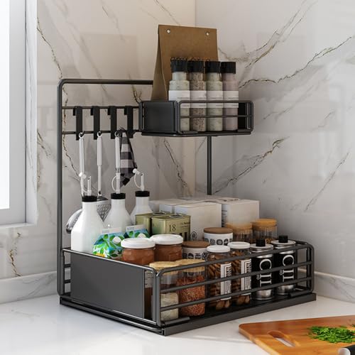 SLDMJFSZ Under Sink Organizers and Storage, 2 Tier Slide Out Kitchen Cabinet Organizer Sturdy Bathroom Storage, with Hook,White