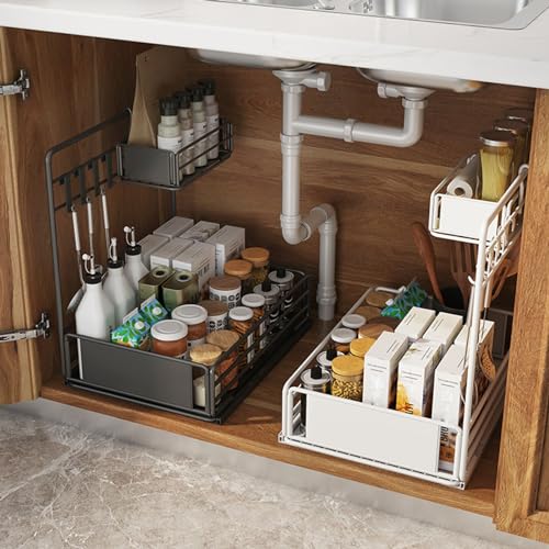 SLDMJFSZ Under Sink Organizers and Storage, 2 Tier Slide Out Kitchen Cabinet Organizer Sturdy Bathroom Storage, with Hook,White