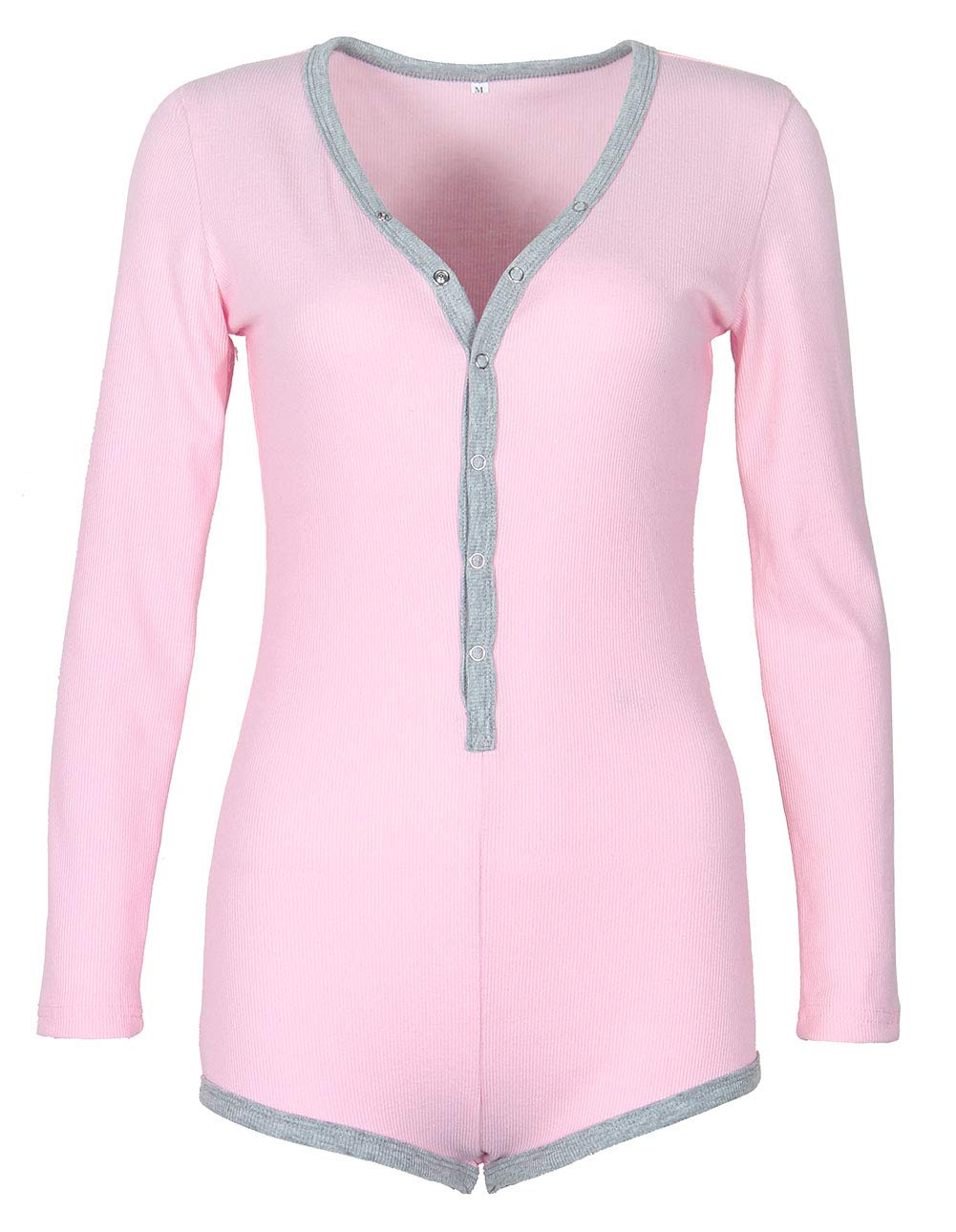 Roselux Women's Sexy Deep V Neck Shorts Long Sleeve Knitted One Piece Bodysuit Bodycon Rompers Overall (598#Pink-2,M)