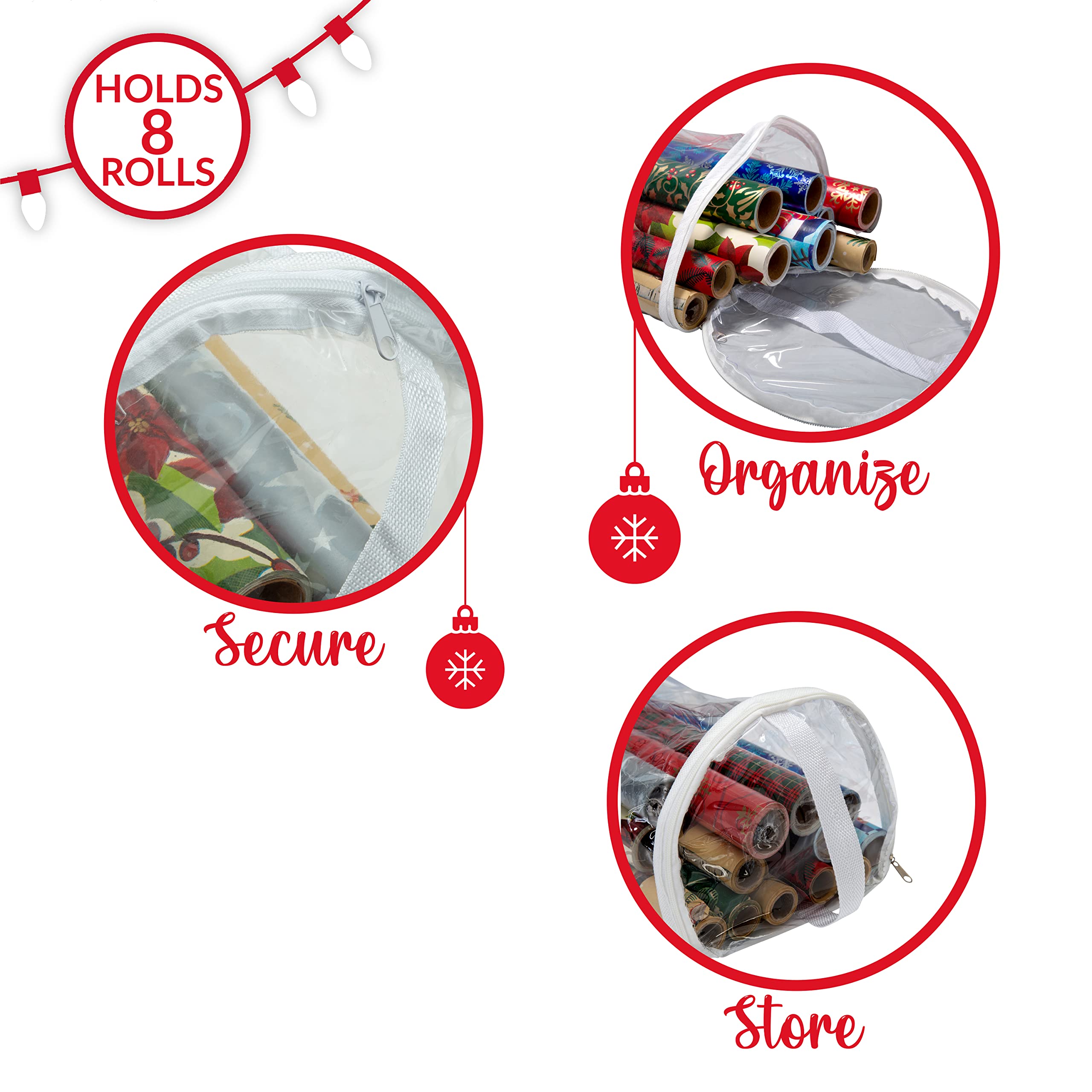 Simplify Clear Gift Wrap Storage Bag | Holds 30" Long Wrapping Paper Rolls | Clear | Zipper Closure | Easy Storage | Holiday Storage | Easy Carry Hangers