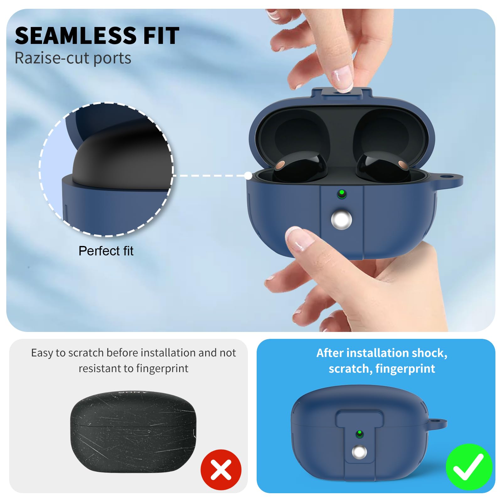 Secure Lock Case for Sony WF-1000XM5 Earbuds(2023), WOFRO Shockproof Anti-Scratch Silicone Protective Cover Skin Designed for Sony WF1000XM5 Sony XM5 Wireless Earbuds with Lanyard&Keychain (Blue)
