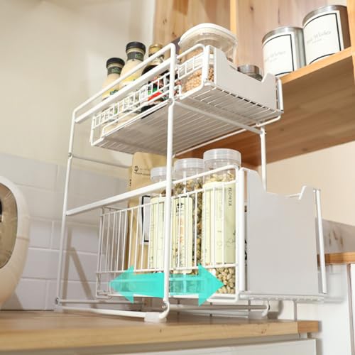 SLDMJFSZ Under Sink Organizers and Storage,2-Tier Sliding Kitchen Cabinet Organization,Multi-Purpose Under Sink Shelf,Black/White,White,Small