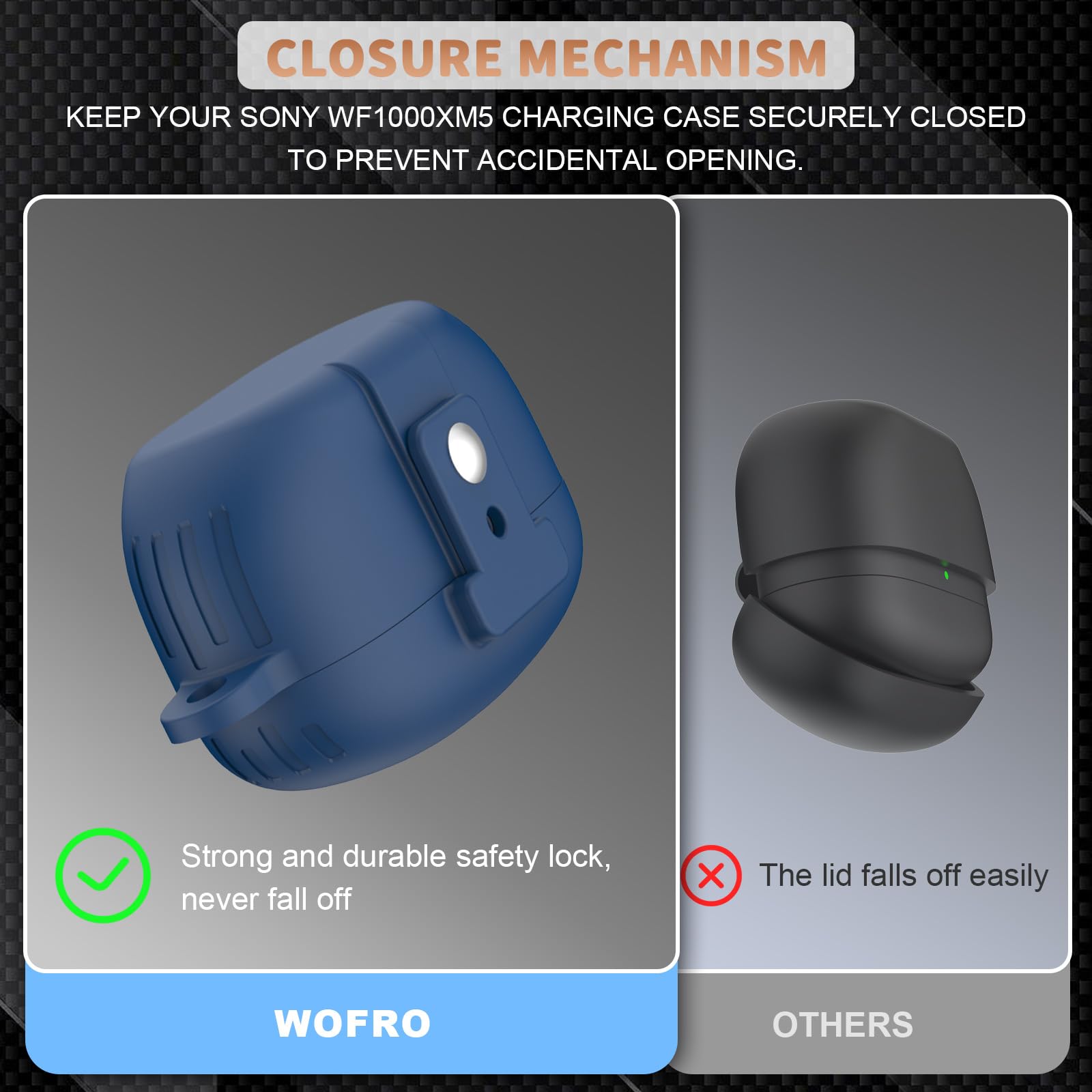Secure Lock Case for Sony WF-1000XM5 Earbuds(2023), WOFRO Shockproof Anti-Scratch Silicone Protective Cover Skin Designed for Sony WF1000XM5 Sony XM5 Wireless Earbuds with Lanyard&Keychain (Blue)