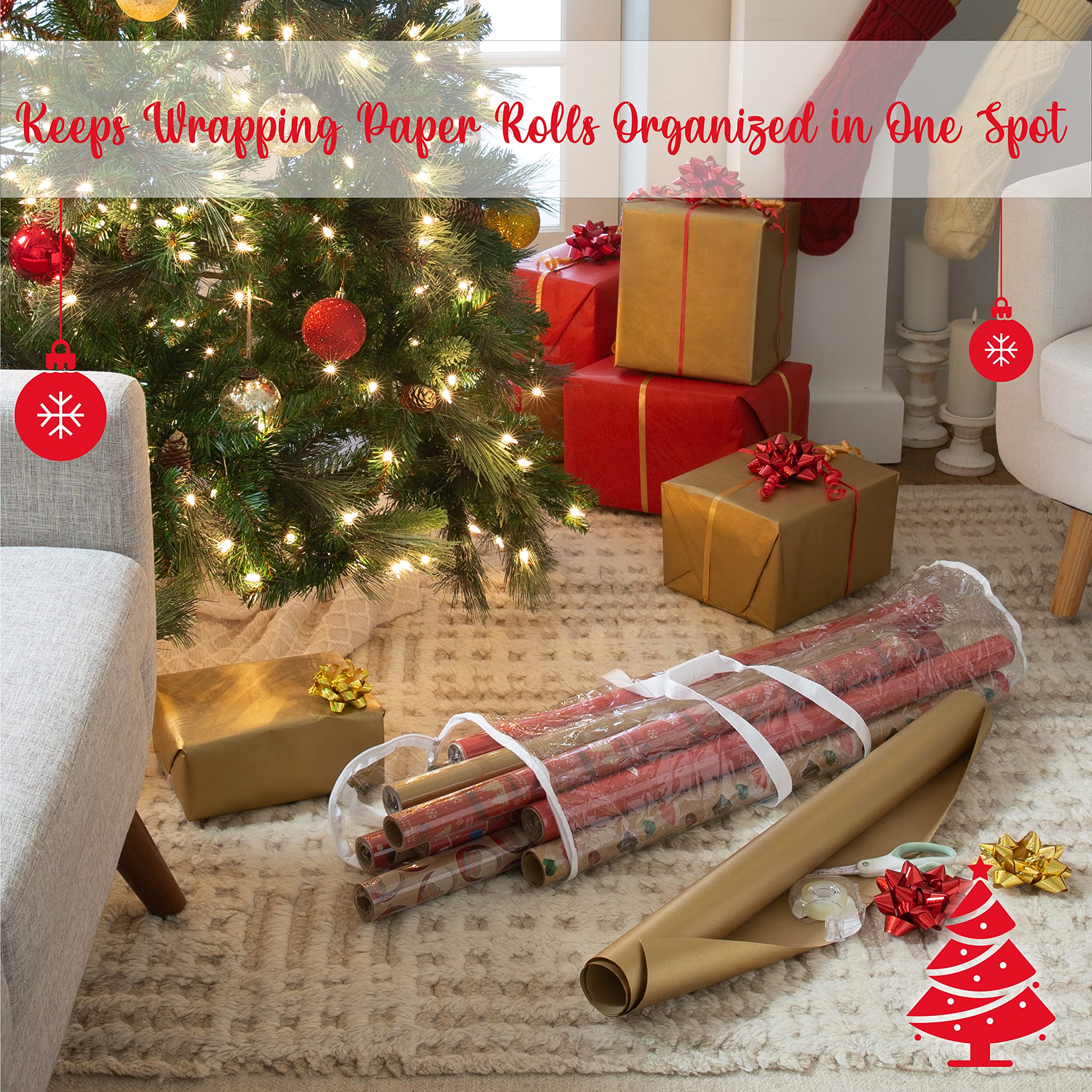 Simplify Clear Gift Wrap Storage Bag | Holds 30" Long Wrapping Paper Rolls | Clear | Zipper Closure | Easy Storage | Holiday Storage | Easy Carry Hangers