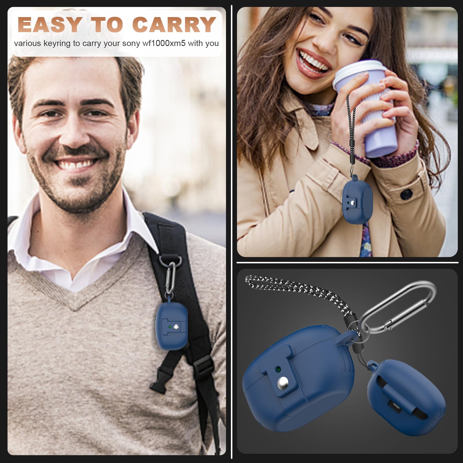 Secure Lock Case for Sony WF-1000XM5 Earbuds(2023), WOFRO Shockproof Anti-Scratch Silicone Protective Cover Skin Designed for Sony WF1000XM5 Sony XM5 Wireless Earbuds with Lanyard&Keychain (Blue)