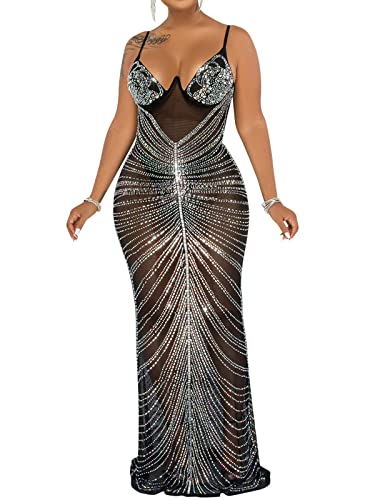 Uni Clau Women Sexy V Neck Halter Spaghetti Straps Rhinestone Hot Drilling Dress Mesh See Through Bodycon Party Club Night Out Maxi Dress Black M