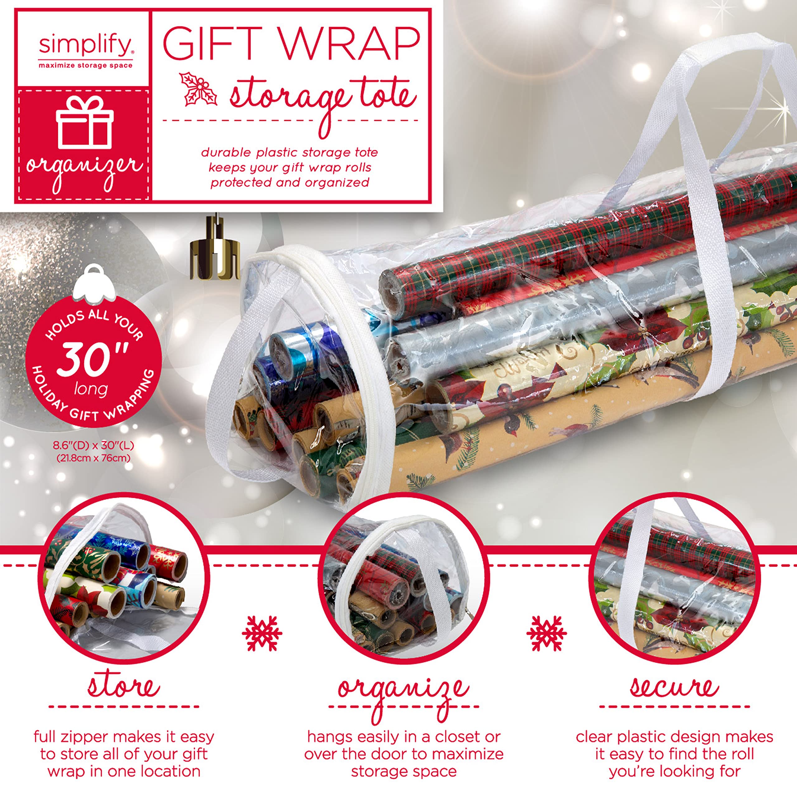 Simplify Clear Gift Wrap Storage Bag | Holds 30" Long Wrapping Paper Rolls | Clear | Zipper Closure | Easy Storage | Holiday Storage | Easy Carry Hangers