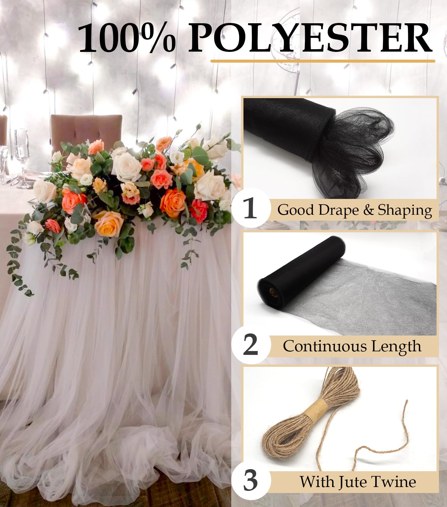 Luceinvita Black Tulle Fabric Roll, 54" x 40 Yards (120FT) Tulle for Halloween Decoration DIY Tutu Party Backdrop Baby Shower Table Skirts Gift Wrapping