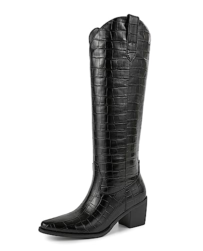 Pasuot Knee High Boots for Women - Black Wide Calf Crocodile Print Cowboy Boots with Side Zipper, Pointed Toe Chunky Low Heel Retro Fashion Tall Cowgirl Boot Pull On for Ladies Fall Winter US 6