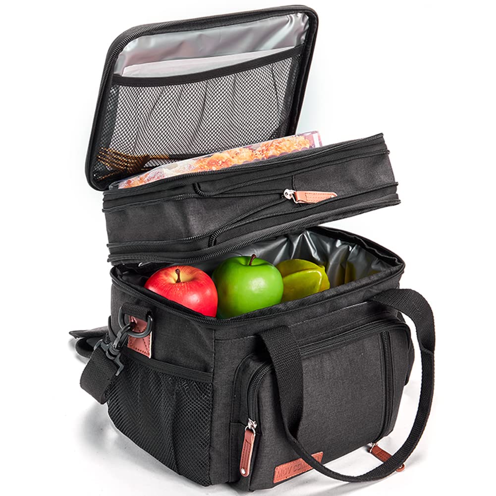 MOV COMPRA Movcompra Black Adult Insulated Lunch Box for Work, Expandable Large Lunch Bags for Women Men, Leakproof Double Deck Lunch Box Cooler Tote Bag with Removable Shoulder Strap