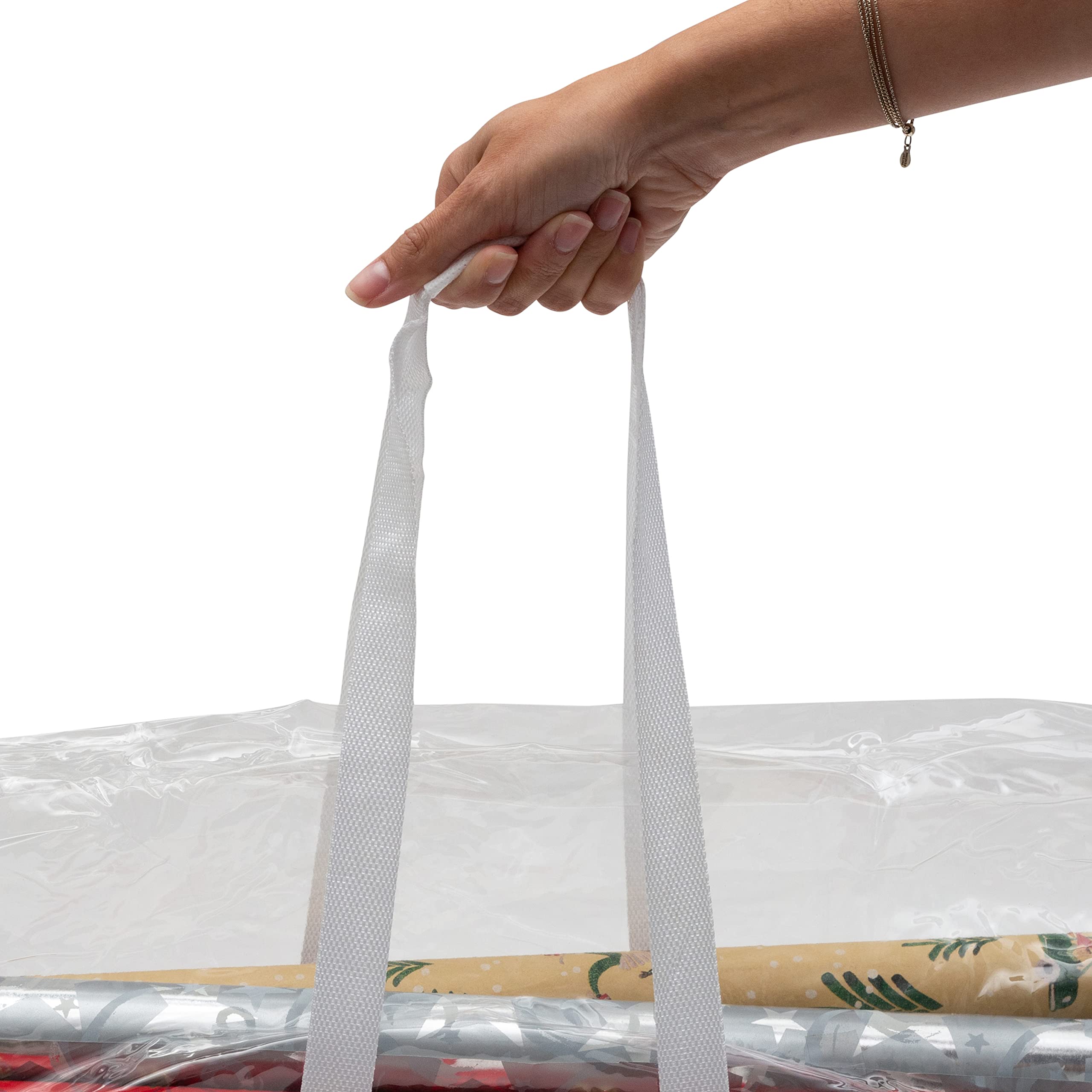 Simplify Clear Gift Wrap Storage Bag | Holds 30" Long Wrapping Paper Rolls | Clear | Zipper Closure | Easy Storage | Holiday Storage | Easy Carry Hangers