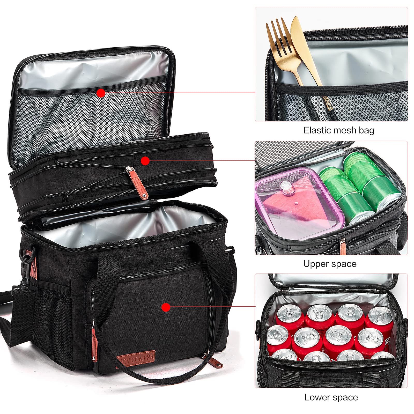 MOV COMPRA Movcompra Black Adult Insulated Lunch Box for Work, Expandable Large Lunch Bags for Women Men, Leakproof Double Deck Lunch Box Cooler Tote Bag with Removable Shoulder Strap