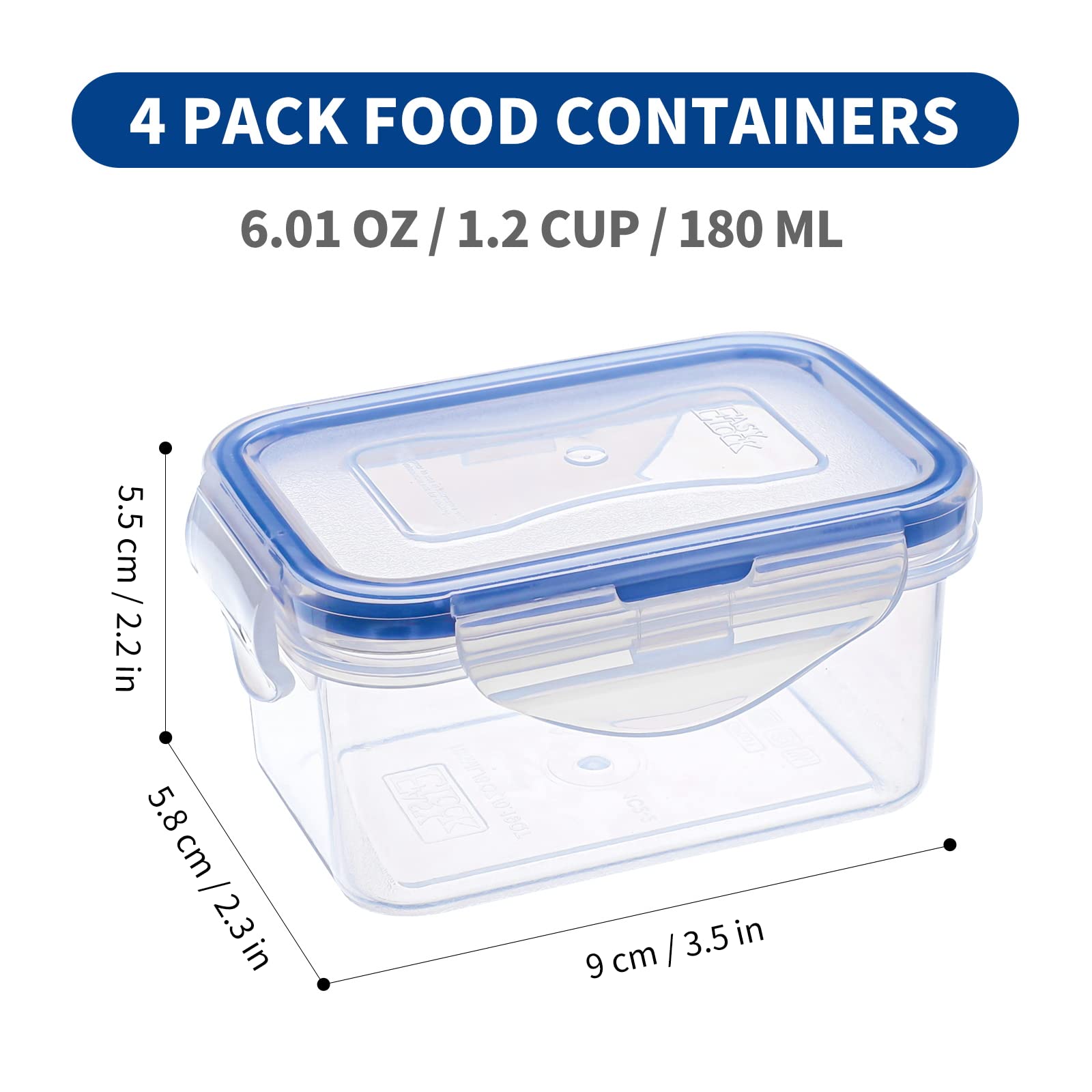 KIGI [4 PACK] 6.1OZ Small Plastic Food Storage Container Set Portion Control Mini Bento Box Leaf-proof To-go Container with Lids