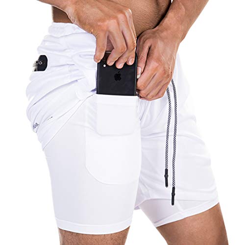 Ouber Men's 2-in-1 Running Shorts 7" Workout Training Jersey Short (White,XL)