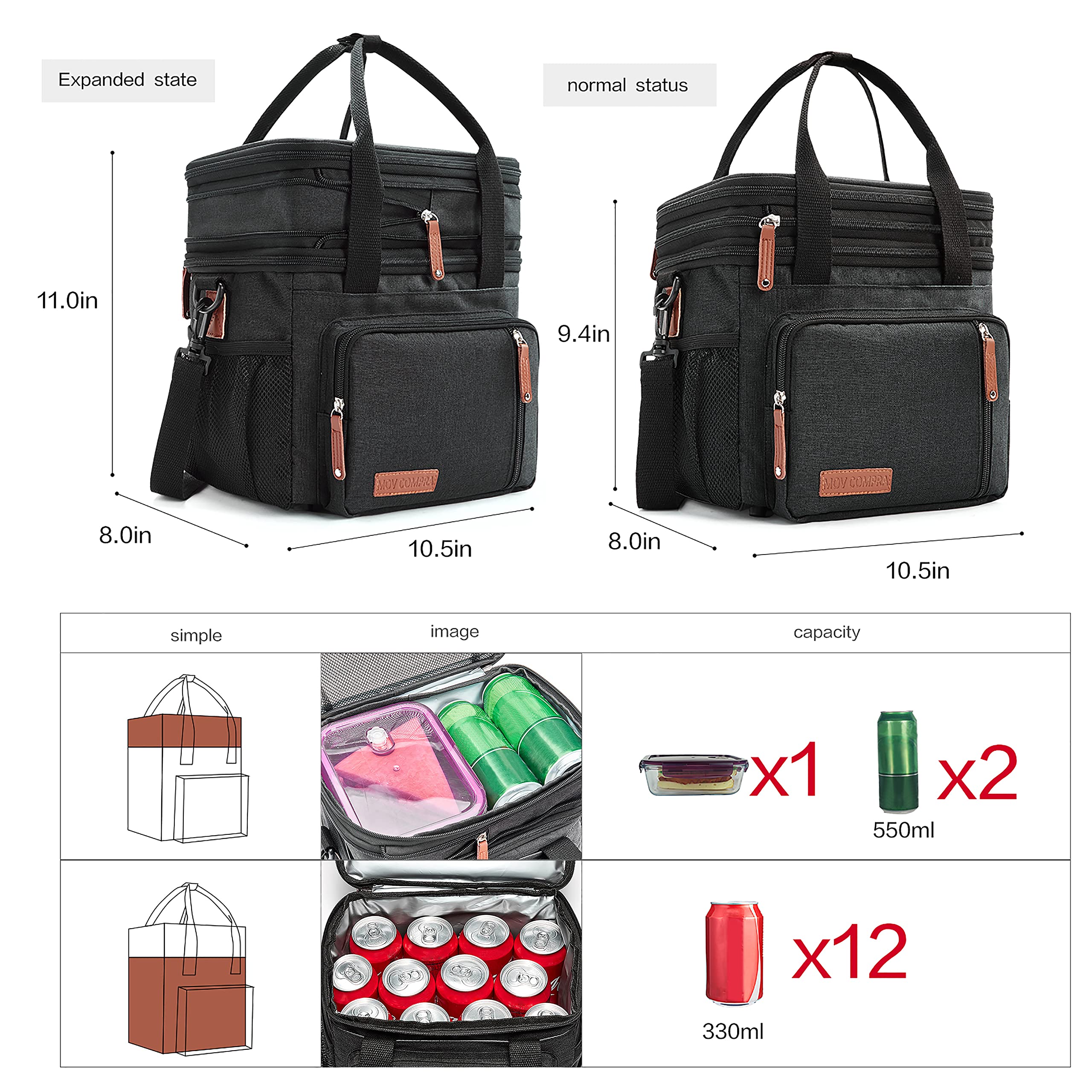 MOV COMPRA Movcompra Black Adult Insulated Lunch Box for Work, Expandable Large Lunch Bags for Women Men, Leakproof Double Deck Lunch Box Cooler Tote Bag with Removable Shoulder Strap