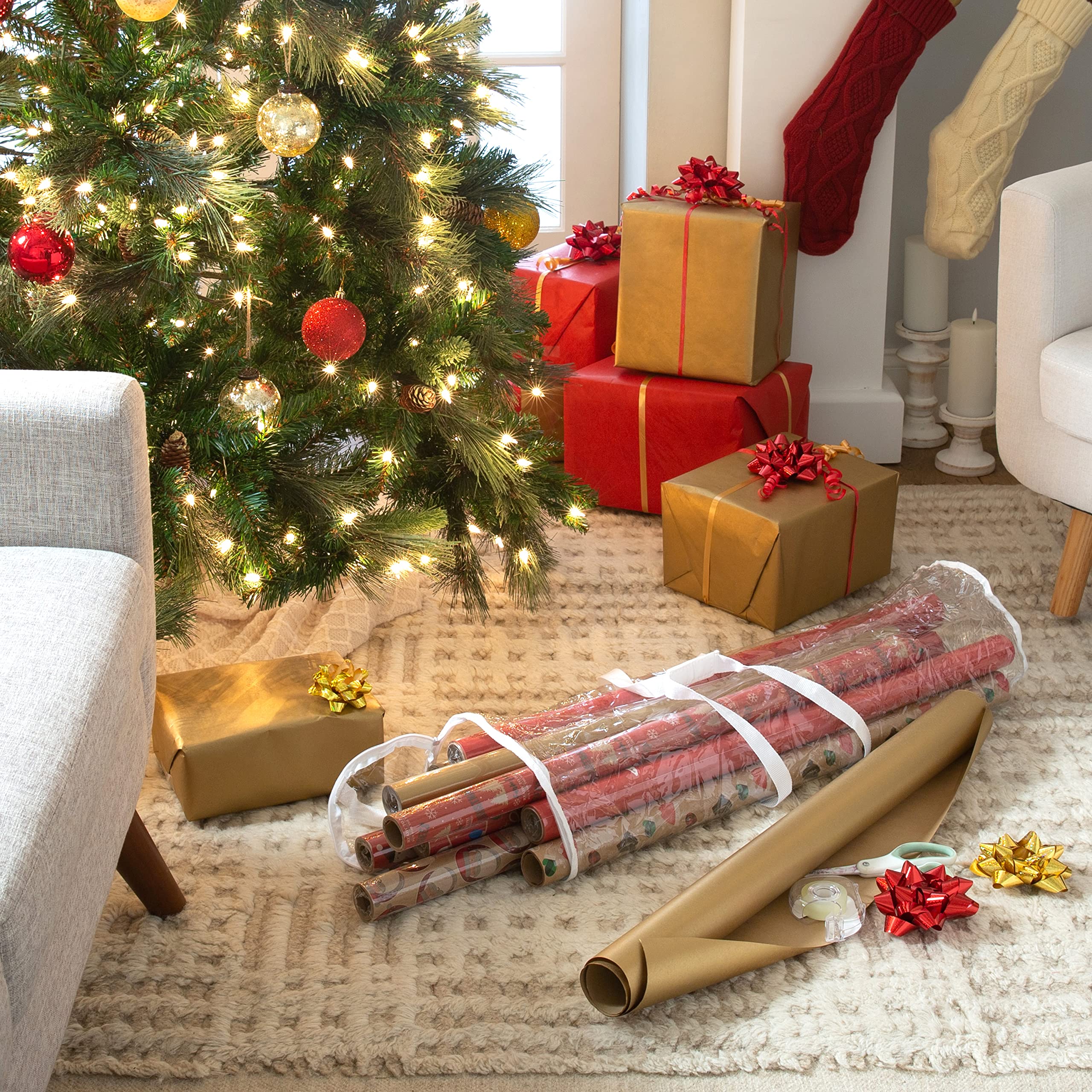 Simplify Clear Gift Wrap Storage Bag | Holds 30" Long Wrapping Paper Rolls | Clear | Zipper Closure | Easy Storage | Holiday Storage | Easy Carry Hangers