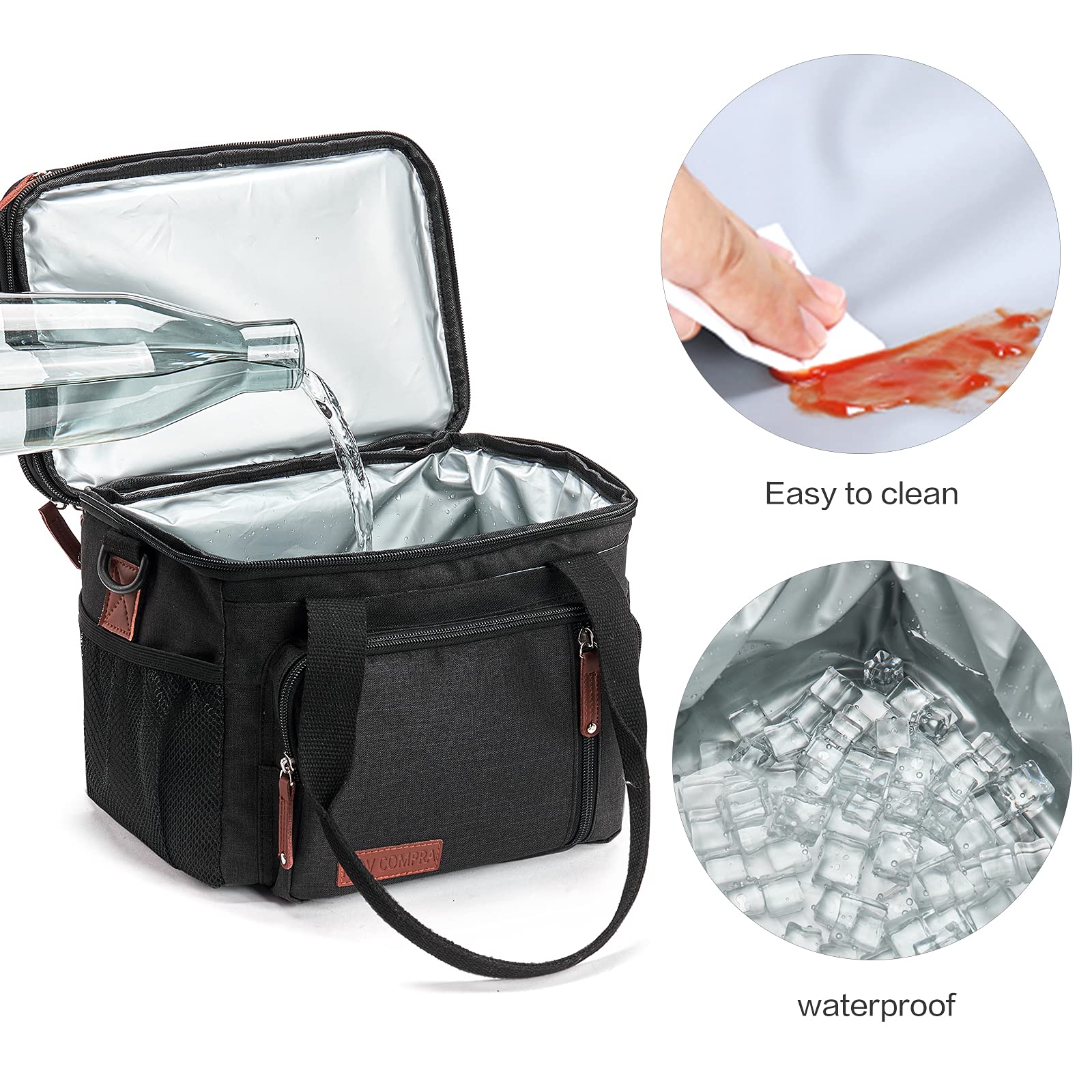 MOV COMPRA Movcompra Black Adult Insulated Lunch Box for Work, Expandable Large Lunch Bags for Women Men, Leakproof Double Deck Lunch Box Cooler Tote Bag with Removable Shoulder Strap