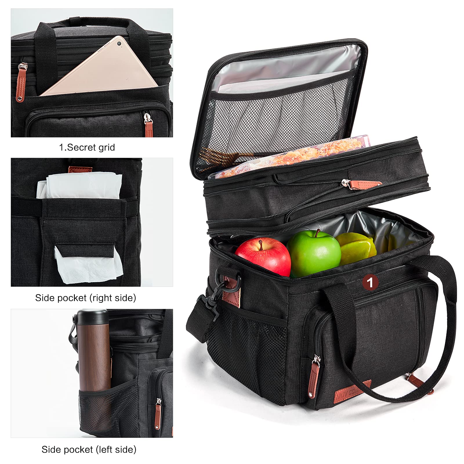 MOV COMPRA Movcompra Black Adult Insulated Lunch Box for Work, Expandable Large Lunch Bags for Women Men, Leakproof Double Deck Lunch Box Cooler Tote Bag with Removable Shoulder Strap