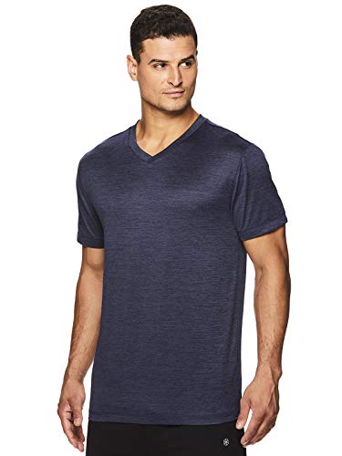 Gaiam Men's Everyday Basic V Neck T Shirt - Short Sleeve Yoga & Workout Top - Everyday Navy Heather, Medium