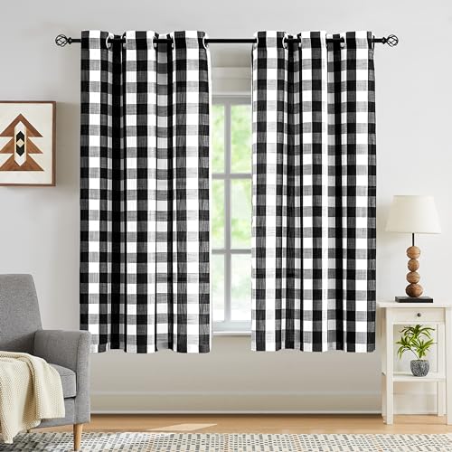 Jubilantex Black White Buffalo Check Semi Sheer Curtain Panels Gingham Plaid Textured Curtains Drapery,Farmhouse Grommet Window Drapes for Living Room Bedroom Kids Room,2 Panels,40"x63"