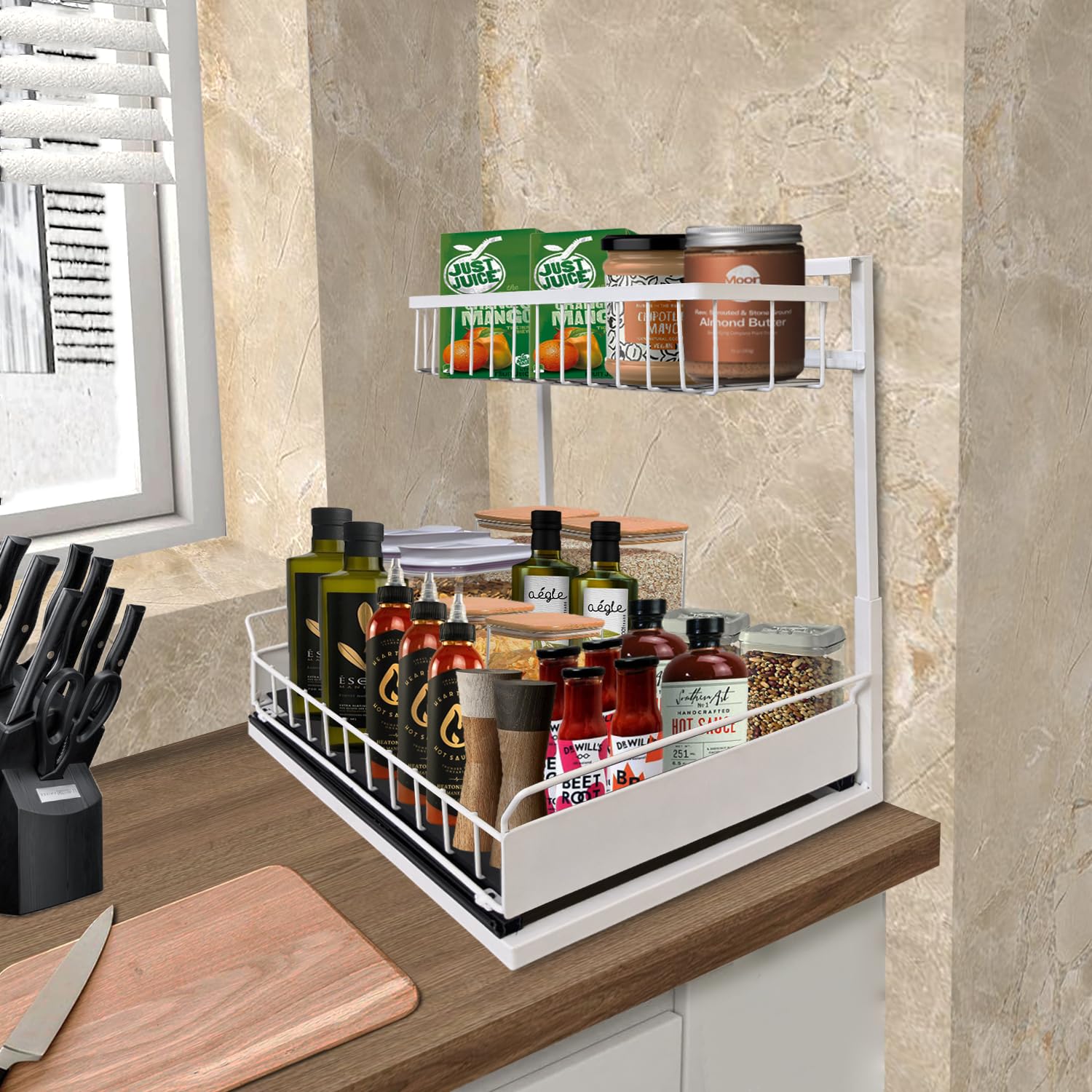 FEROZA Under Sink Organizers and Storage Carbon Steel 2-Tier Slide Out Sliding Shelf, L-Shape Under Cabinet Storage Multi-Functional Under The Sink Organizer Kitchen and Bathroom (1, White)