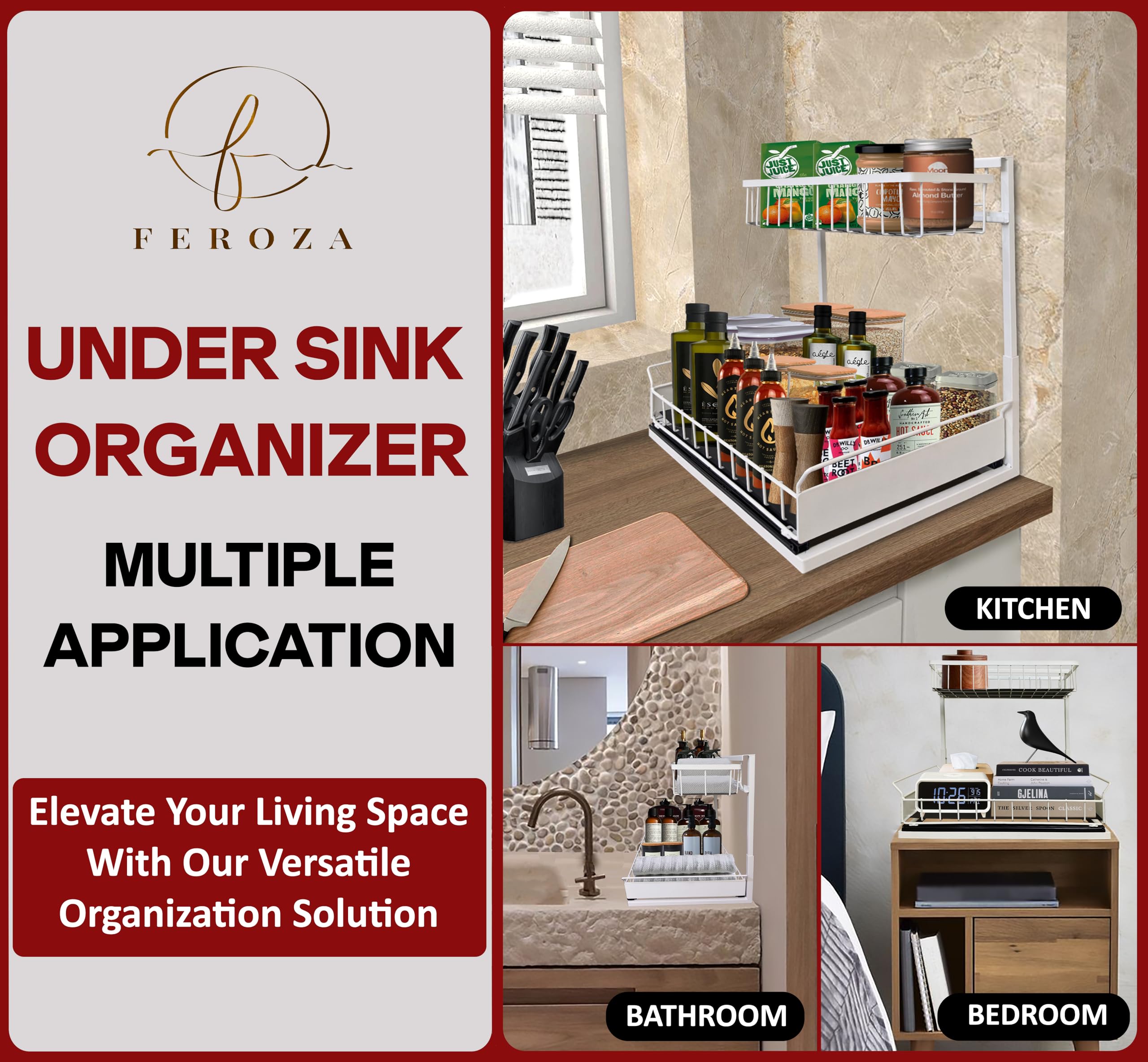 FEROZA Under Sink Organizers and Storage Carbon Steel 2-Tier Slide Out Sliding Shelf, L-Shape Under Cabinet Storage Multi-Functional Under The Sink Organizer Kitchen and Bathroom (1, White)