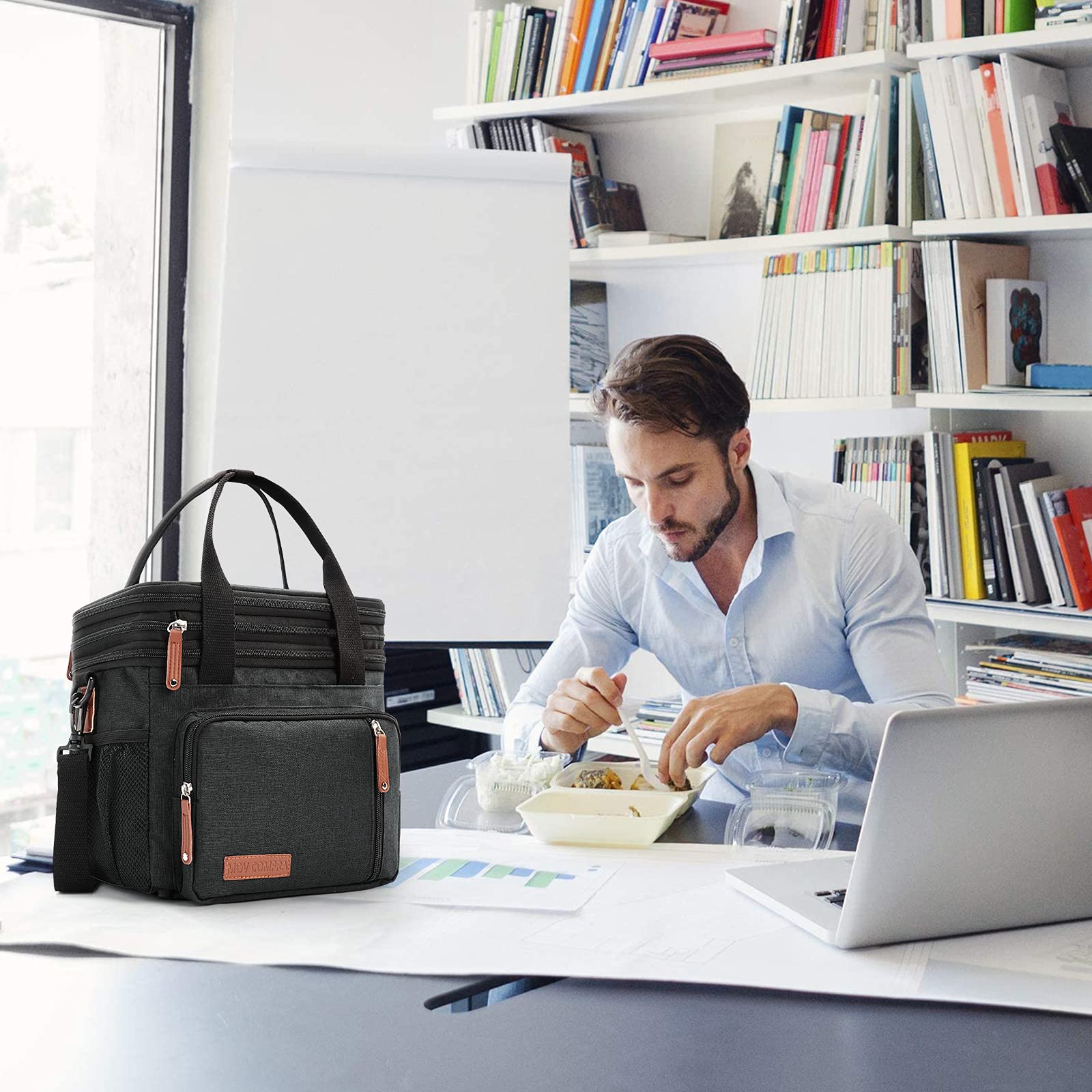 MOV COMPRA Movcompra Black Adult Insulated Lunch Box for Work, Expandable Large Lunch Bags for Women Men, Leakproof Double Deck Lunch Box Cooler Tote Bag with Removable Shoulder Strap