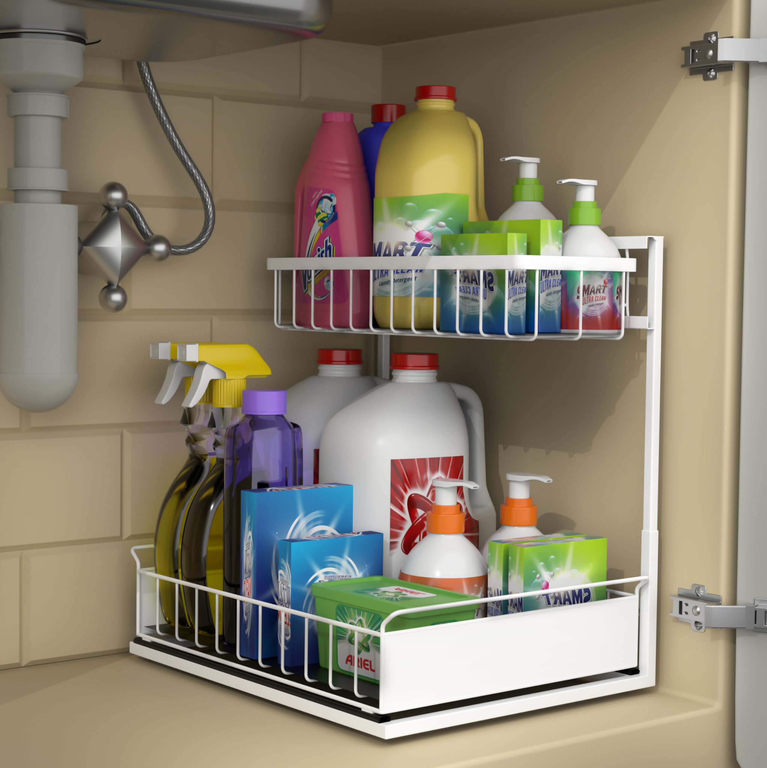 FEROZA Under Sink Organizers and Storage Carbon Steel 2-Tier Slide Out Sliding Shelf, L-Shape Under Cabinet Storage Multi-Functional Under The Sink Organizer Kitchen and Bathroom (1, White)