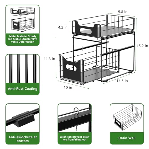 PIGTAB Metal Under Sink Organizer, 2 Sets of 2-Tier Multi-Purpose Bathroom Organizers and Storage, Pull Out Kitchen Organizers and Storage, Cabinet Organizer for Kitchen, Bathroom, Black