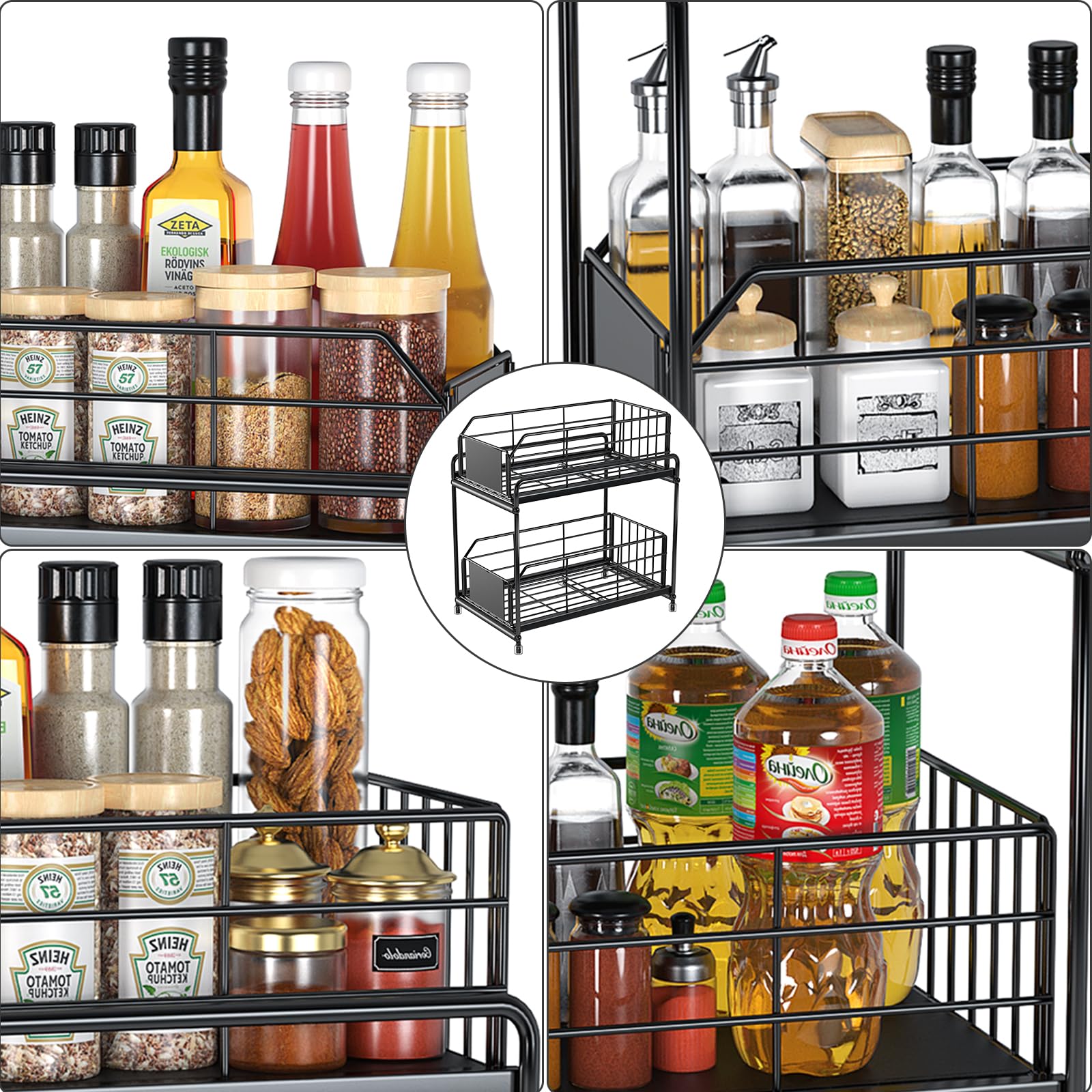 Laokiiy Under Sink Organizers, Storage Bathroom Organizer 2 Tier Under Sliding Kicthen Cabinet Basket Organizer with Hooks, Multi-purpose Under Sink Shelf Organizer, Black