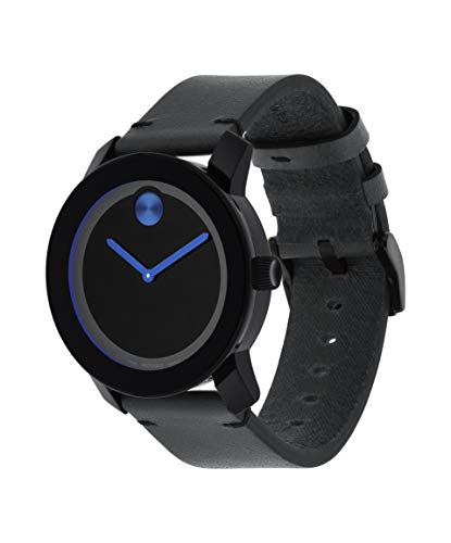 Movado Men's BOLD TR90 Watch with Sunray Dot and Leather Strap, Black/Blue (Model 3600307)