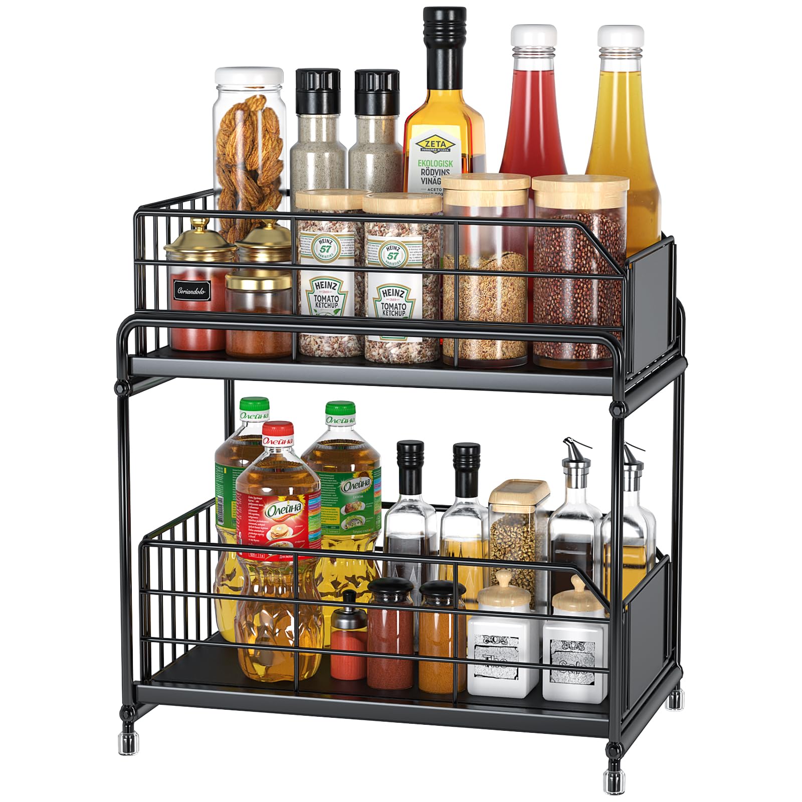 Laokiiy Under Sink Organizers, Storage Bathroom Organizer 2 Tier Under Sliding Kicthen Cabinet Basket Organizer with Hooks, Multi-purpose Under Sink Shelf Organizer, Black
