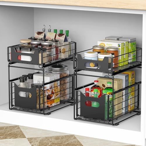 PIGTAB Metal Under Sink Organizer, 2 Sets of 2-Tier Multi-Purpose Bathroom Organizers and Storage, Pull Out Kitchen Organizers and Storage, Cabinet Organizer for Kitchen, Bathroom, Black