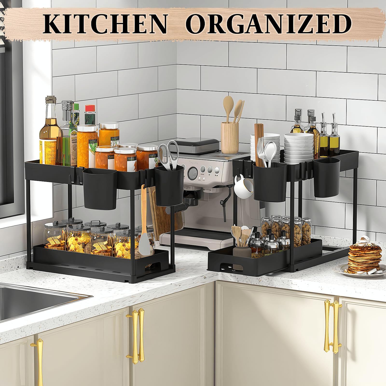 2 Pack Under Sink Organizers and Storage with Under Sink Mat, 2 Tier Black Pull Out Bathroom Cabinet Organizer , Cabinet Organizer with Hooks and Hanging Cups for Home Bathroom Kitchen Organization