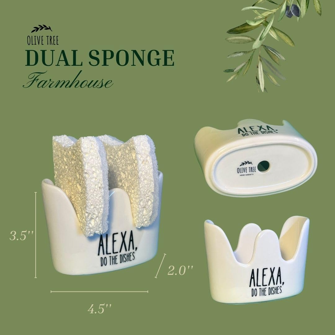 Alexa Mud Pie Sponge Holder for Kitchen Sink, Dual Ceramic Porcelain Cup for Sponges, Rustic Farmhouse Decor, Off-White