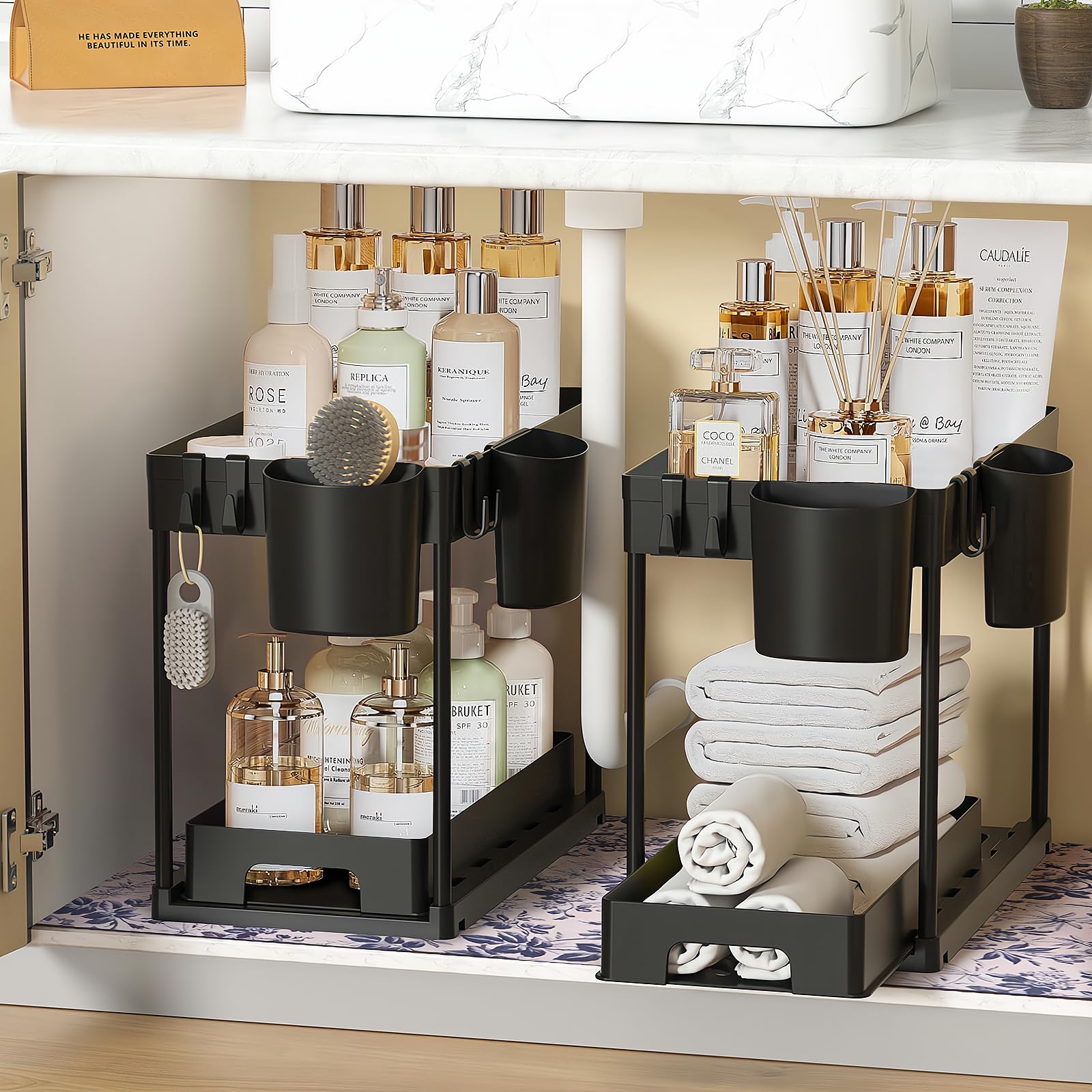2 Pack Under Sink Organizers and Storage with Under Sink Mat, 2 Tier Black Pull Out Bathroom Cabinet Organizer , Cabinet Organizer with Hooks and Hanging Cups for Home Bathroom Kitchen Organization