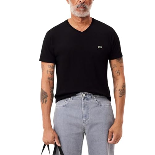 Lacoste Men's Short Sleeve V-Neck Pima Cotton Jersey T-Shirt, Black, Medium