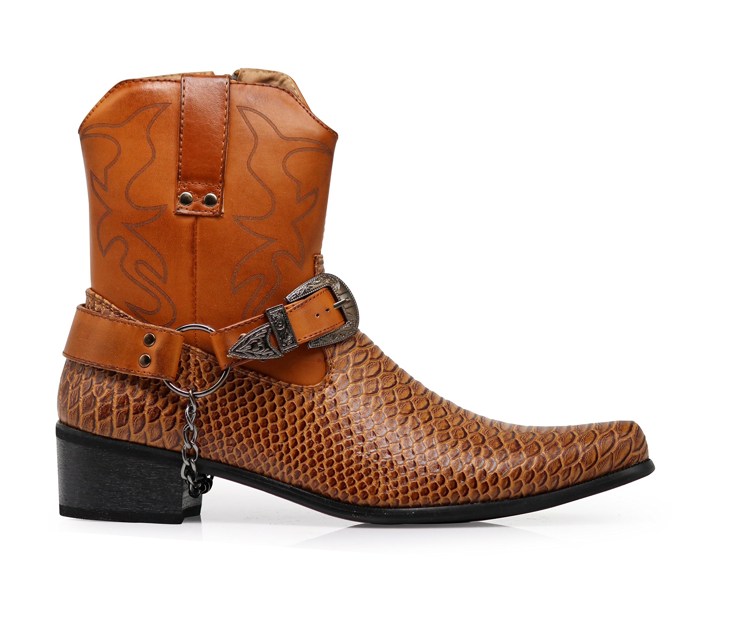 Alberto Fellini Men's Crocodile Prints Western Cowboy Boots with Side Zipper, Belt Buckle and Metal Chain (10.5, Brown)