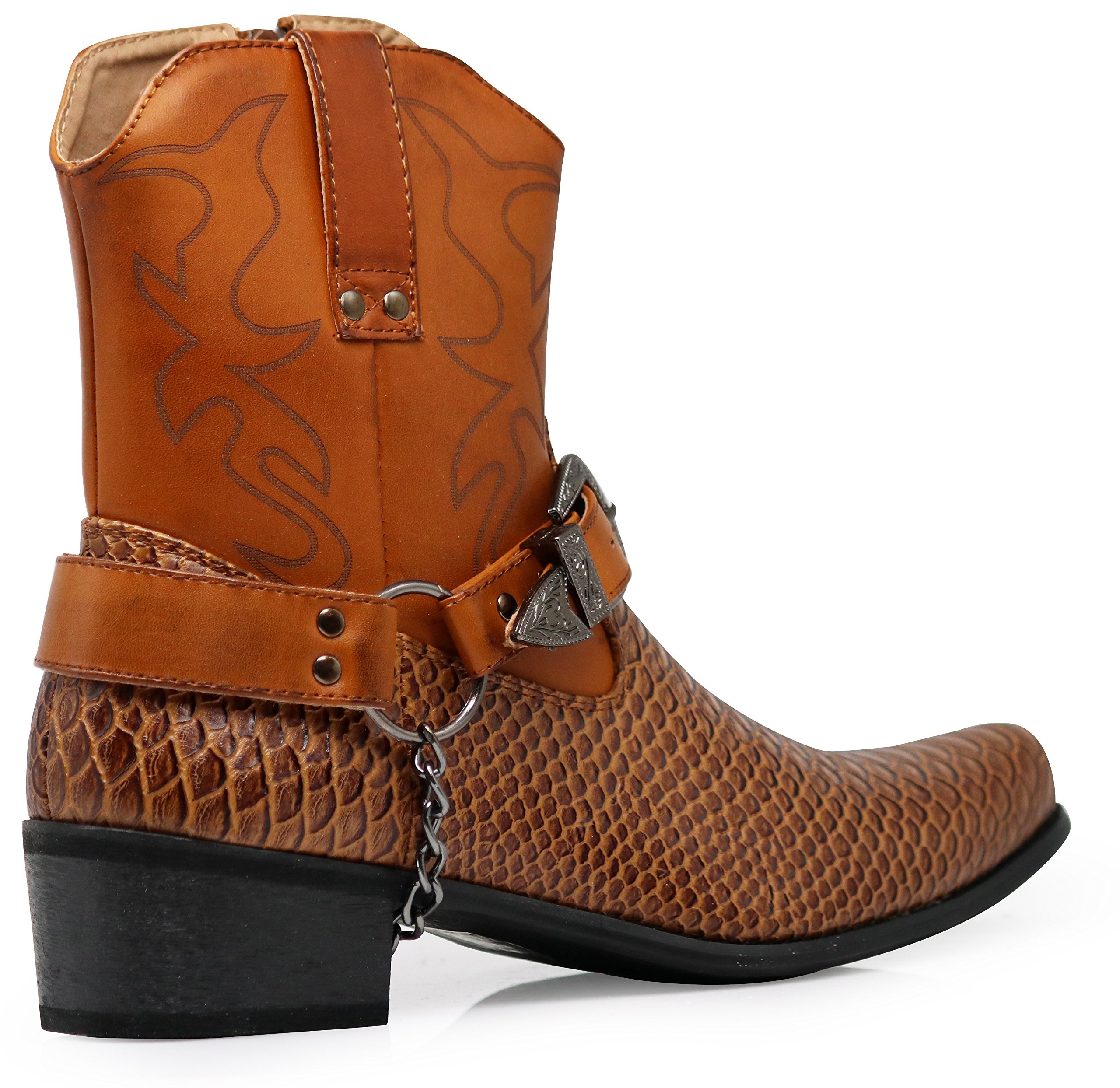 Alberto Fellini Men's Crocodile Prints Western Cowboy Boots with Side Zipper, Belt Buckle and Metal Chain (10.5, Brown)