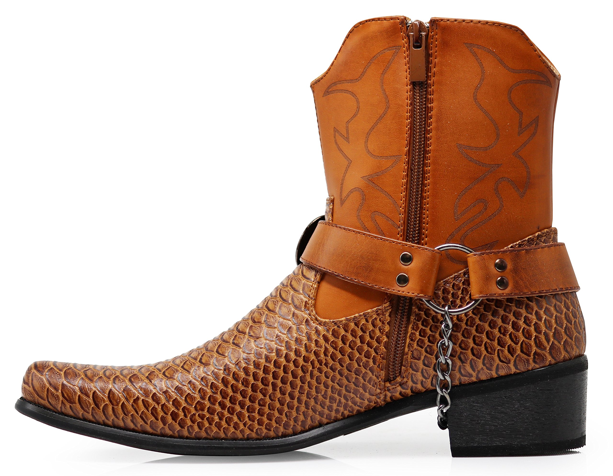 Alberto Fellini Men's Crocodile Prints Western Cowboy Boots with Side Zipper, Belt Buckle and Metal Chain (10.5, Brown)