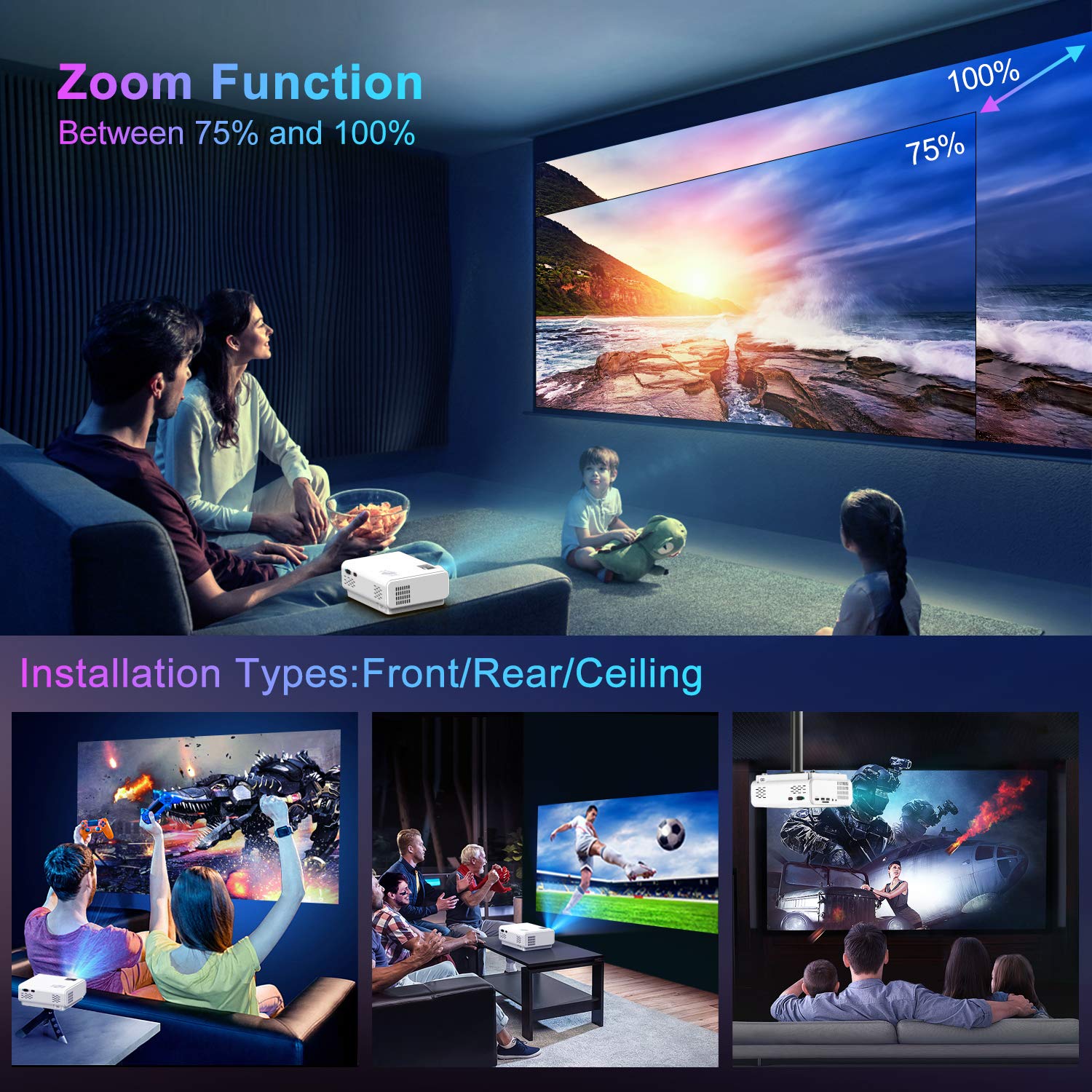 TOPTRO WiFi Bluetooth Projector 9500Lumen Support 1080P Home Video Projector Mini Portable Movie Projector, 200" Display & Zoom 50%, Built-in HiFi Speaker for TV Stick/Phone/Laptop/PS4/PC/USB/VGA/HDMI